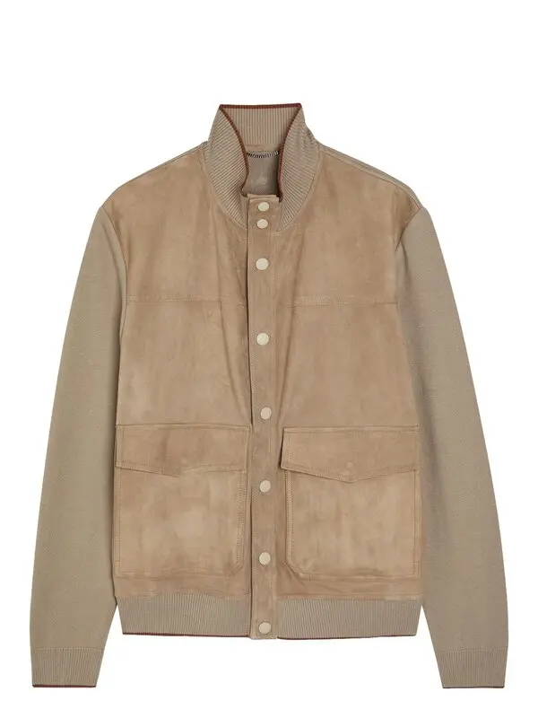 Canali Panelled Suede And Ribbed-knit Jacket - Stone