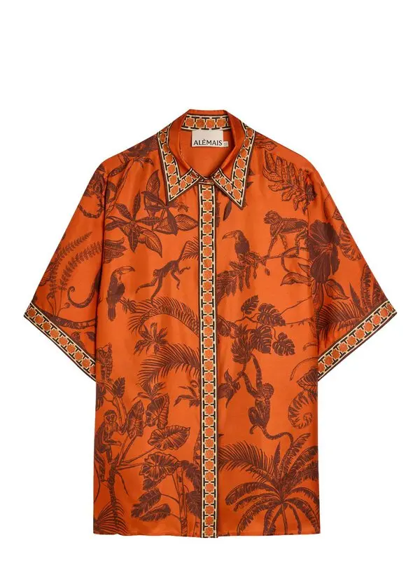 ALEMAIS Monkey Dance Printed Silk Shirt - Rust