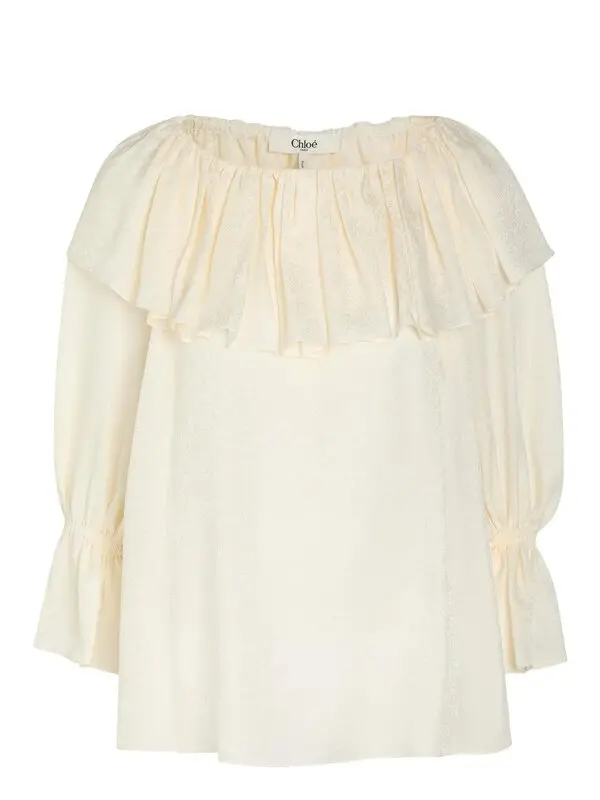 Chloé Floral Jacquard Ruffled Silk Blouse - Off White