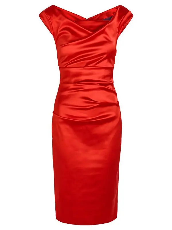 Talbot Runhof Gathe Satin Midi Dress - Red
