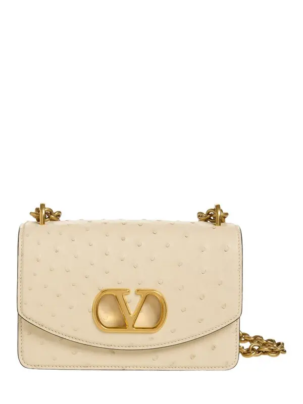 Valentino Garavani Small Devain Ostrich Leather Shoulder Bag - Light Ivory