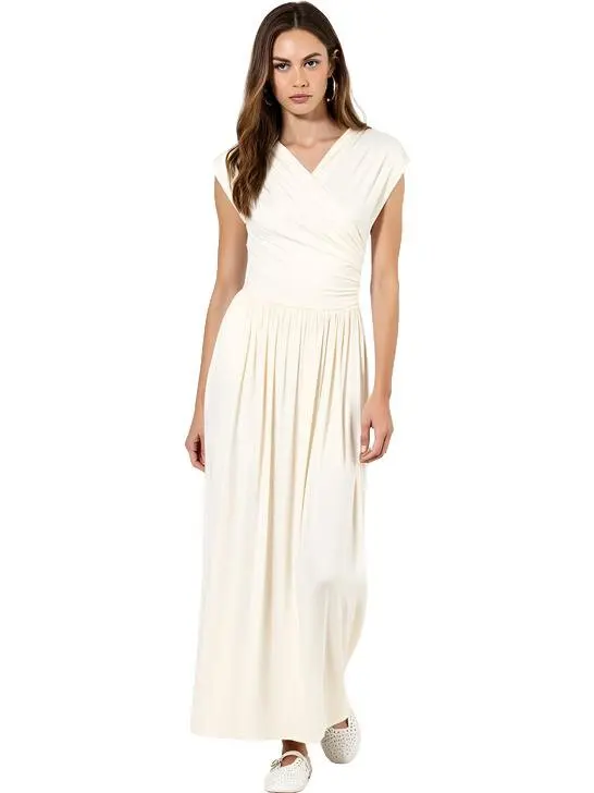 MODENAIRE Sleeveless Faux Wrap Maxi Dress With Shirred Waist - Ivory