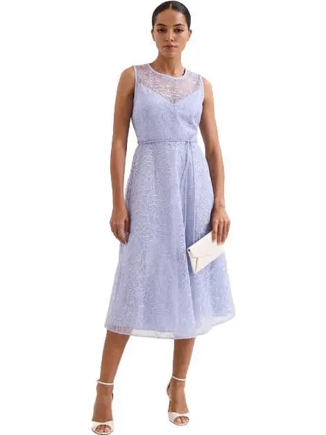 PHASE EIGHT Sakura Floral Embroidered Lace Midi Dress - Pale Blue