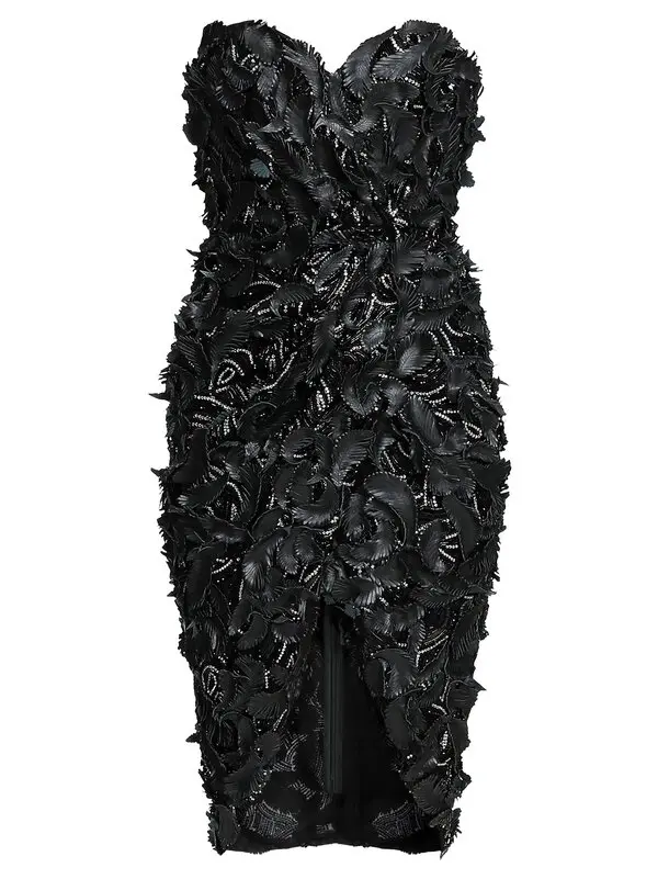 Balmain Feather-embellished Bustier Draped Midi Dress - Black