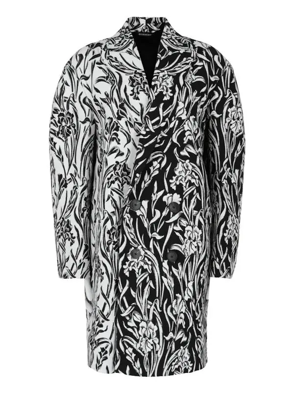 Givenchy Double-breasted Floral Jacquard Coat - Black White