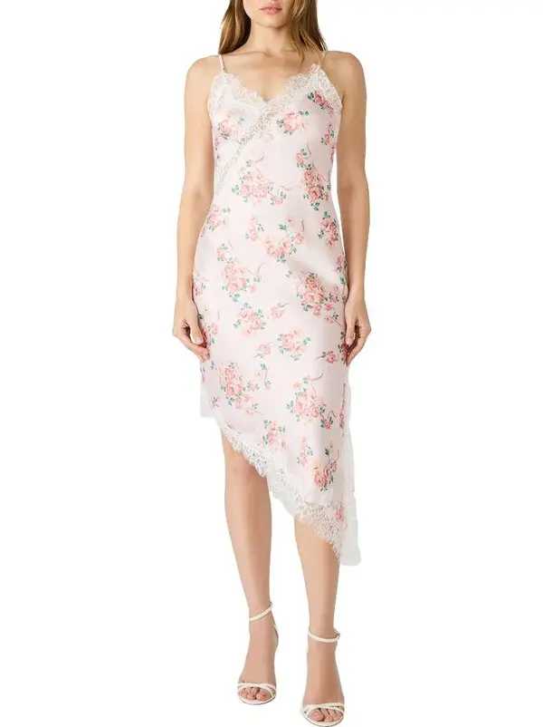 Steve Madden Floral Asymmetric Hem Satin Slipdress - Peach Romance