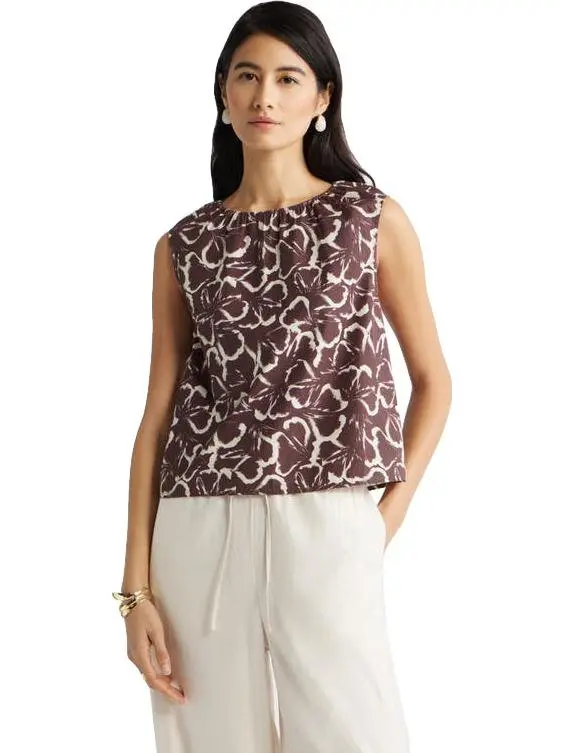 Nordstrom Floral Gathered Neck Poplin Sleeveless Top - Brown Floating Ginko