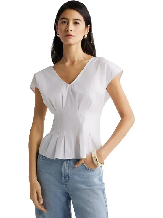 Nordstrom Pleated V-neck Poplin Top - White