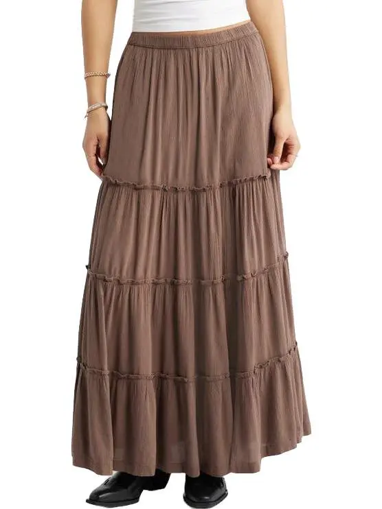 Bp. Tiered Linen Blend Crinkled Gauze Maxi Skirt - Brown Quartz