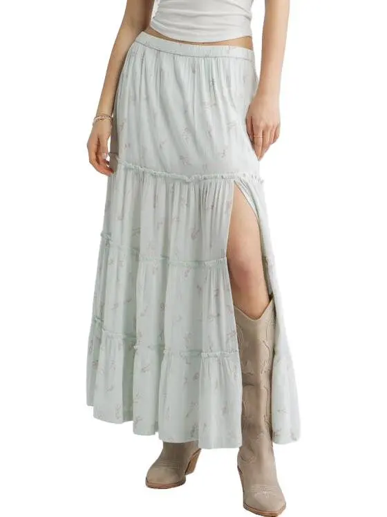 Bp. Tiered Linen Blend Crinkled Gauze Maxi Skirt - Green Cherie Blossom