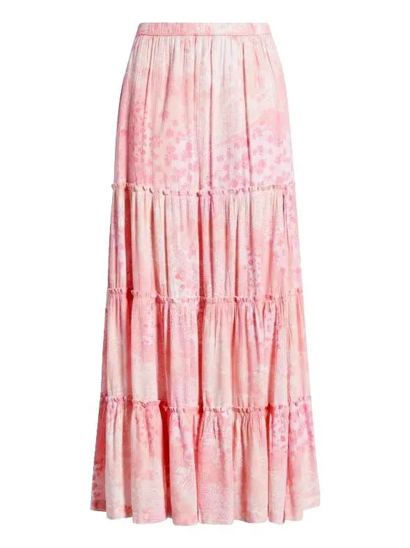 Bp. Tiered Linen Blend Crinkled Gauze Maxi Skirt - Pink Flora Paisley