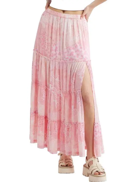 Bp. Tiered Linen Blend Crinkled Gauze Maxi Skirt - Pink Flora Paisley