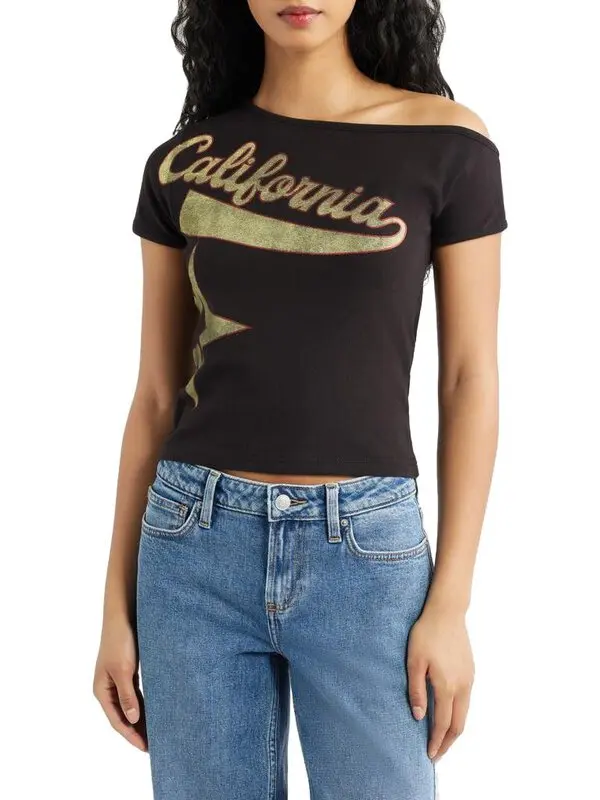 PACSUN California Star One-shoulder Top - Black