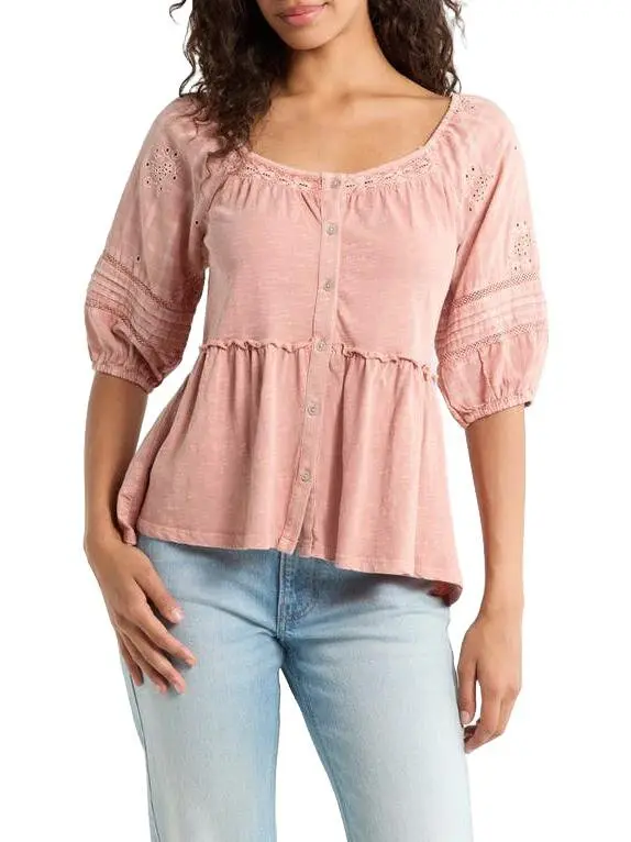 Lucky Brand Jersey Babydoll Top - Peach Beige