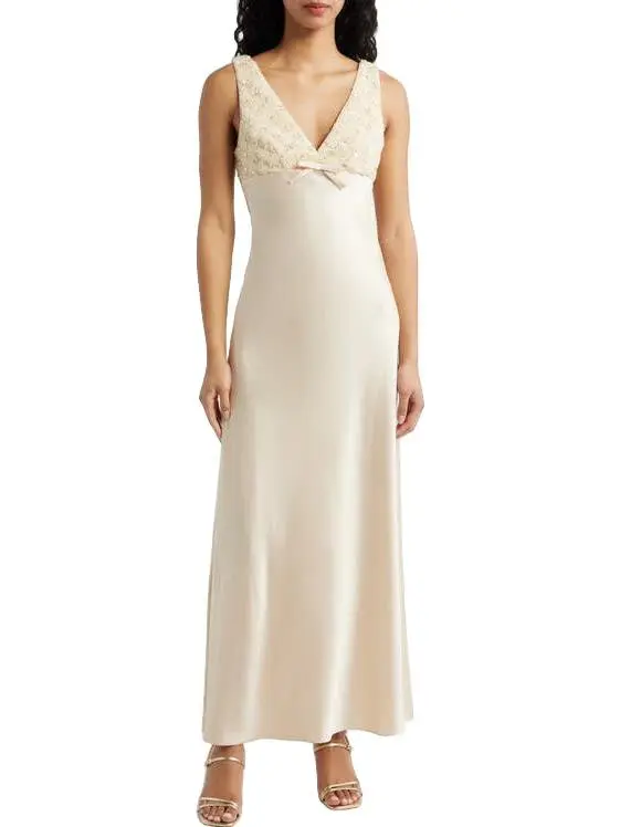 Saylor Serefina Beaded Sleeveless Satin Gown - Butter