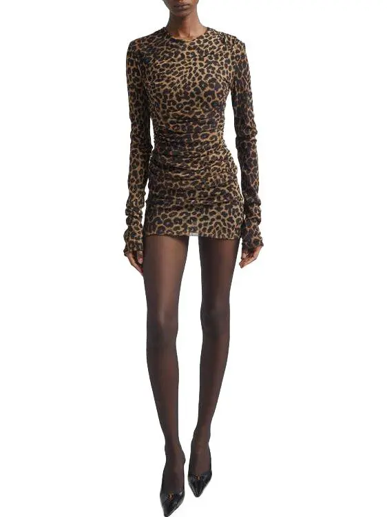 Saint Laurent Print Ruched Long Sleeve Minidress - Leopard