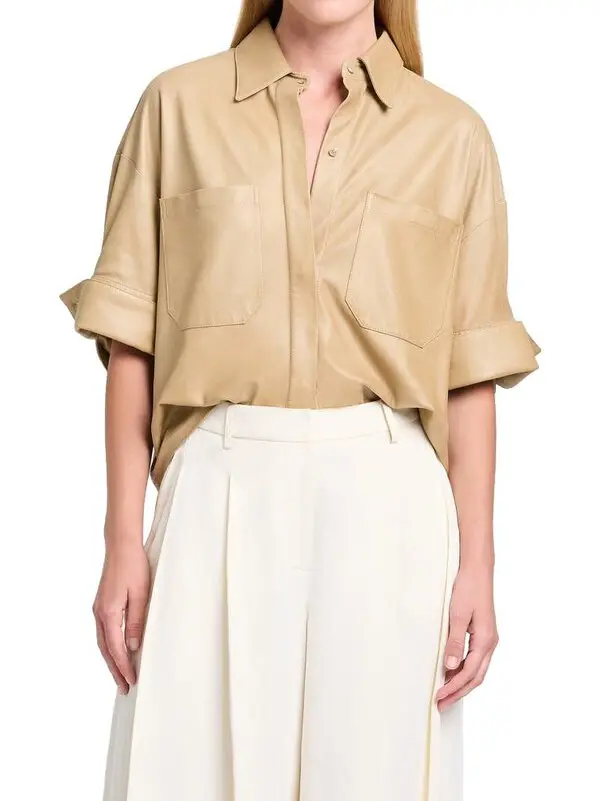 TWP My Newest Mistake Leather Button-up Shirt - British Khaki