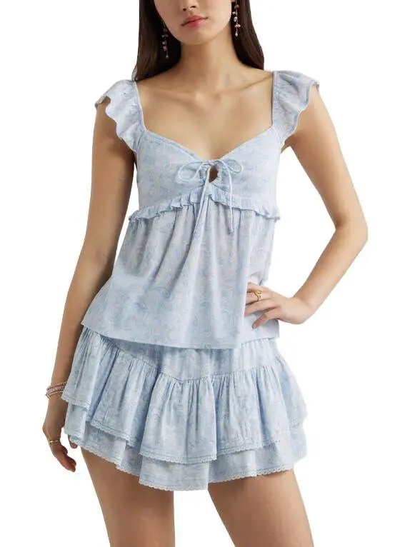 Bp. Tie-front Flutter-sleeve Babydoll Top - Blue- White Elisabeth Paisle