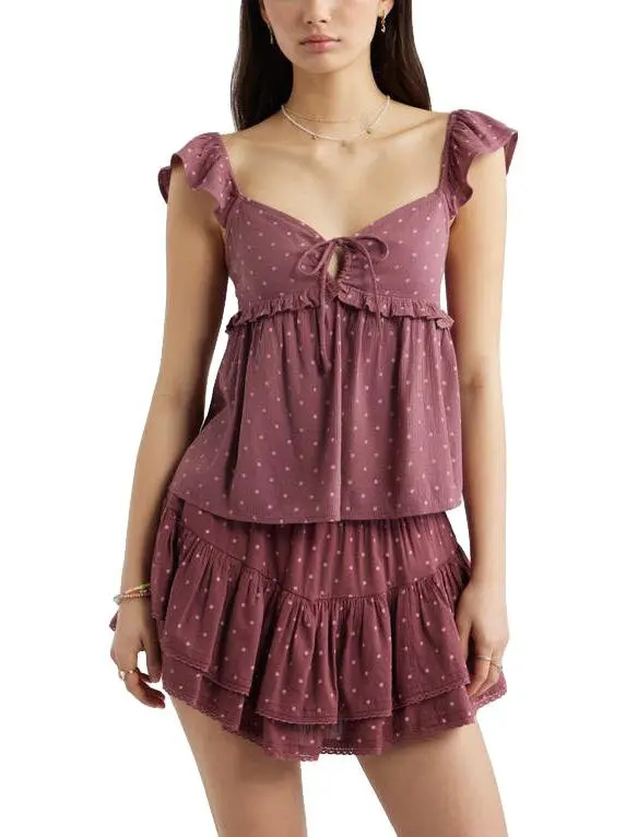 Bp. Tie-front Flutter-sleeve Babydoll Top - Burgundy- Pink Kat Dot