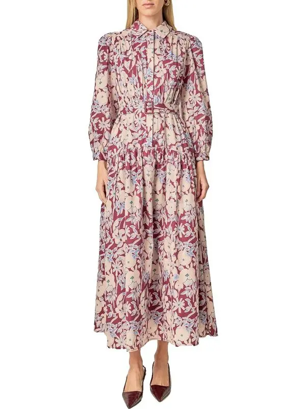 English Factory Printed Long Sleeve Maxi Shirt Dress - Burgundy/blue