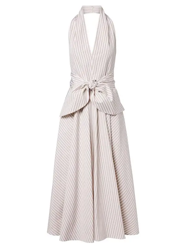 PATOU Striped Halterneck Midi Dress - Beige