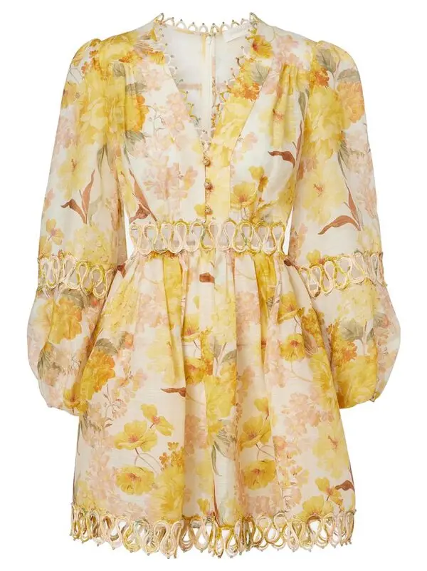 Zimmermann Como Floral Linen And Silk Minidress - Yellow