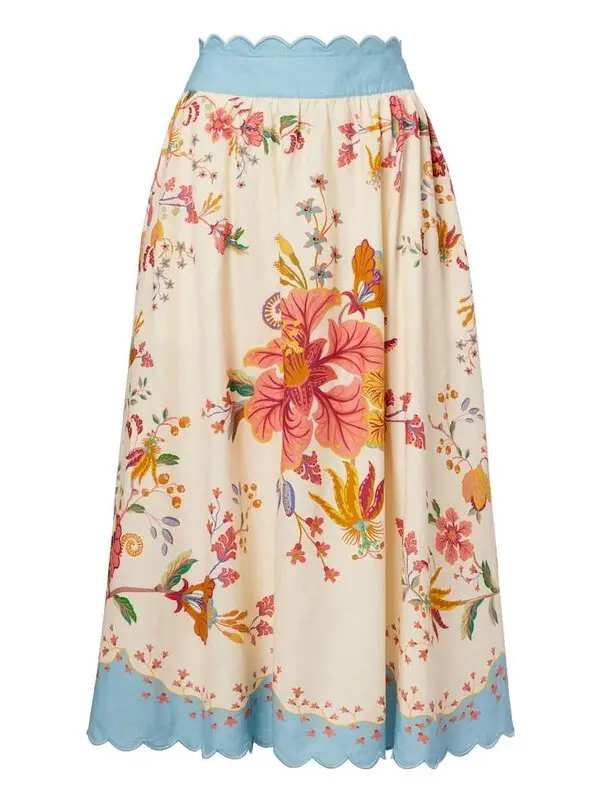 Farm Rio Floral Scarves Linen-blend Midi Skirt - Beige