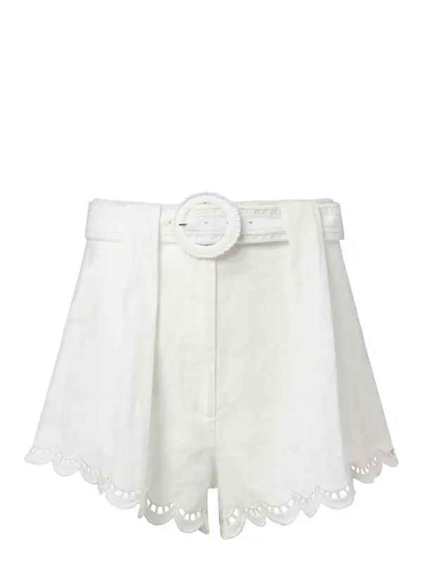 Farm Rio Belted Pleated Scalloped Linen Shorts - White