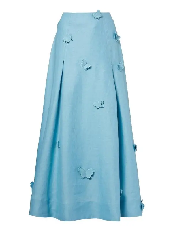 Farm Rio Patch-appliqué Linen Midi Skirt - Blue