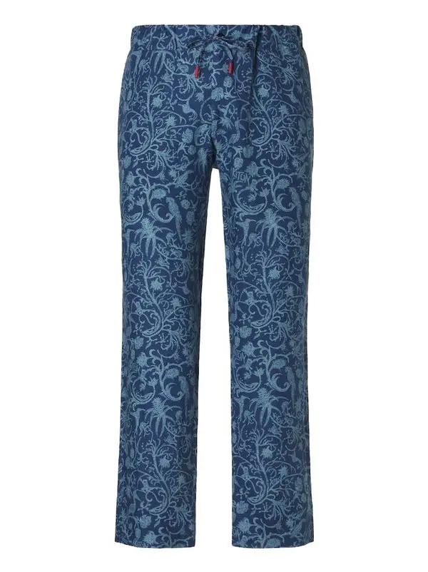 Kiton Printed Linen Straight Pants - Blue
