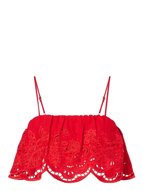 Farm Rio Broderie Anglaise Linen-blend Crop Top - Red