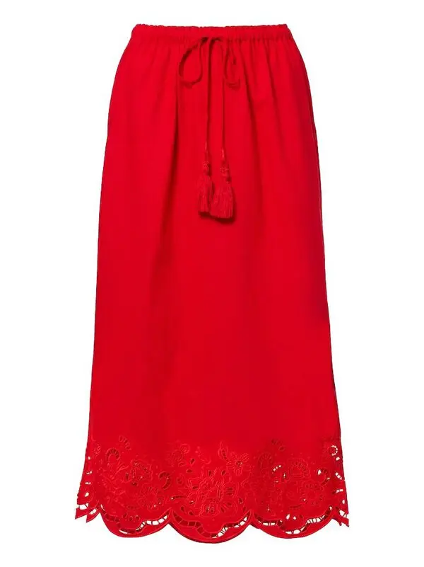 Farm Rio Broderie Anglaise Linen-blend Midi Skirt - Red