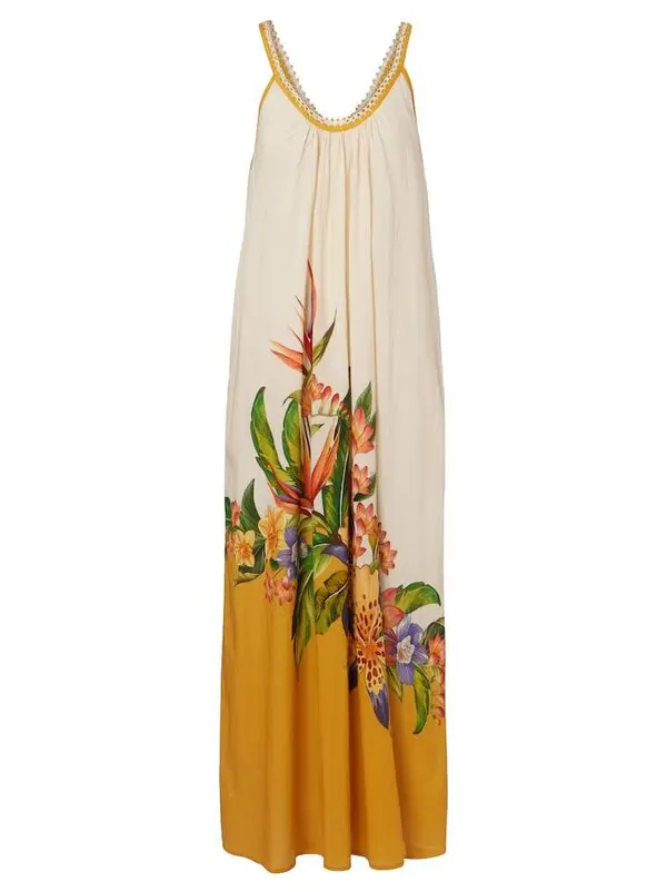 Farm Rio Hilo Stripes Beaded Floral Cotton Maxi Dress - Multicoloured