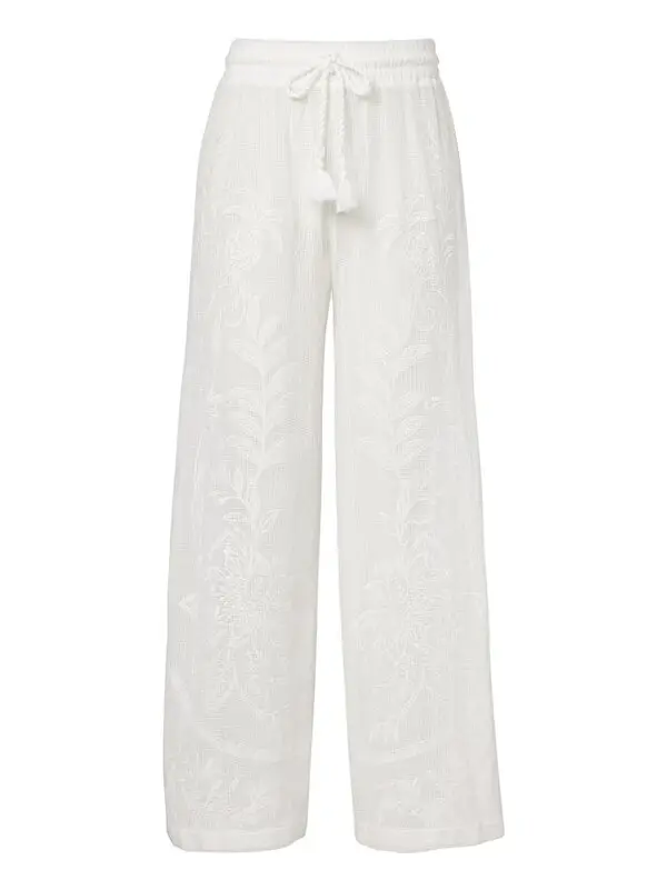 Farm Rio Nina Embroidered Cotton Pants - White