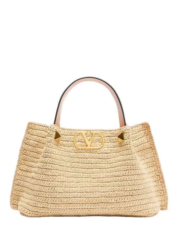 Valentino Garavani Vlogo Small Raffia Tote - Beige