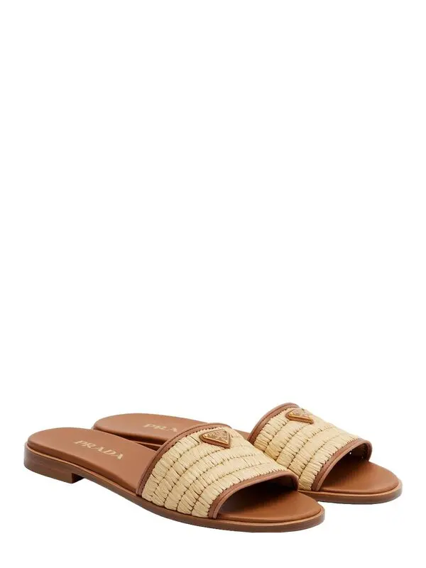 Prada Leather-trimmed Raffia Sandals - Beige