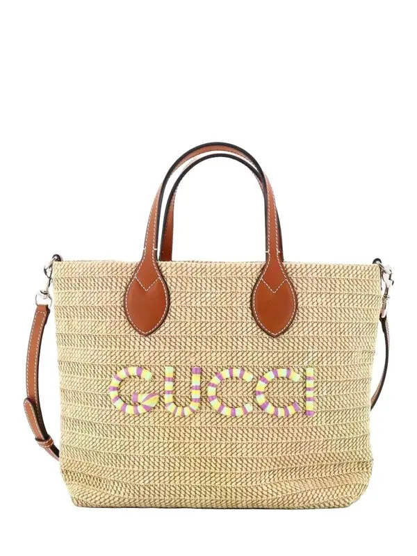 Gucci Logo Plaque Convertible Raffia Small Tote Bag - Neutrals