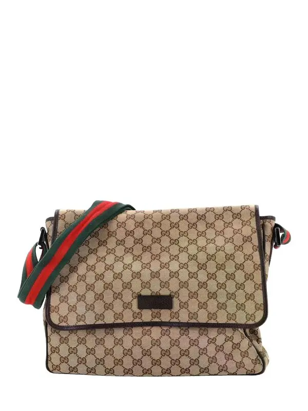 Gucci Web Strap Flap Messenger Gg Canvas Medium Crossbody Bag - Brown