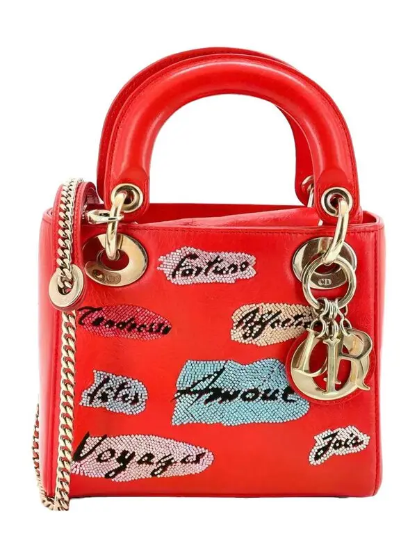Dior Lady Chain Bag Beaded Leather Mini Shoulder Bag - Red