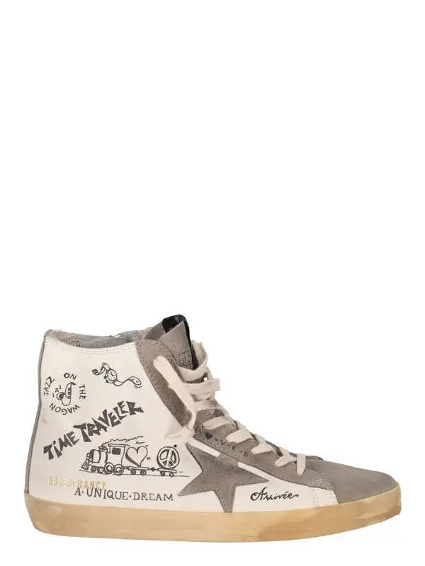 GOLDEN GOOSE Francy Nappa Upper Suede Toe Star High-top Sneakers With Journey Print - White/taupe/black