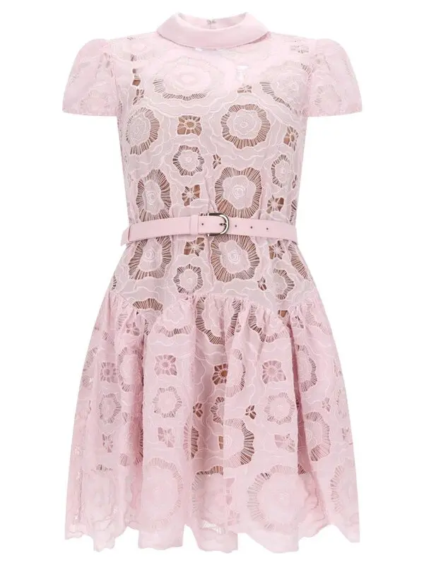 SELF-PORTRAIT Flared Floral Lace Dress - Pink