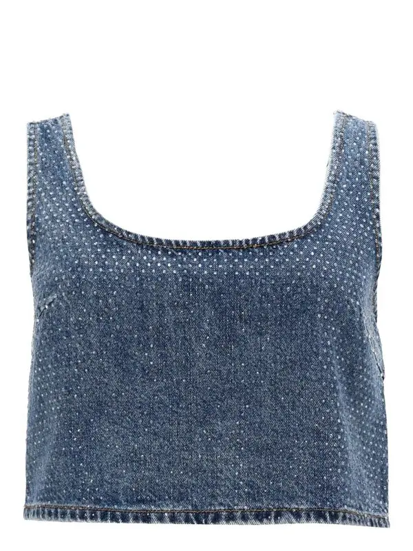 SELF-PORTRAIT Denim Crop Top With Rhinestones - Blue