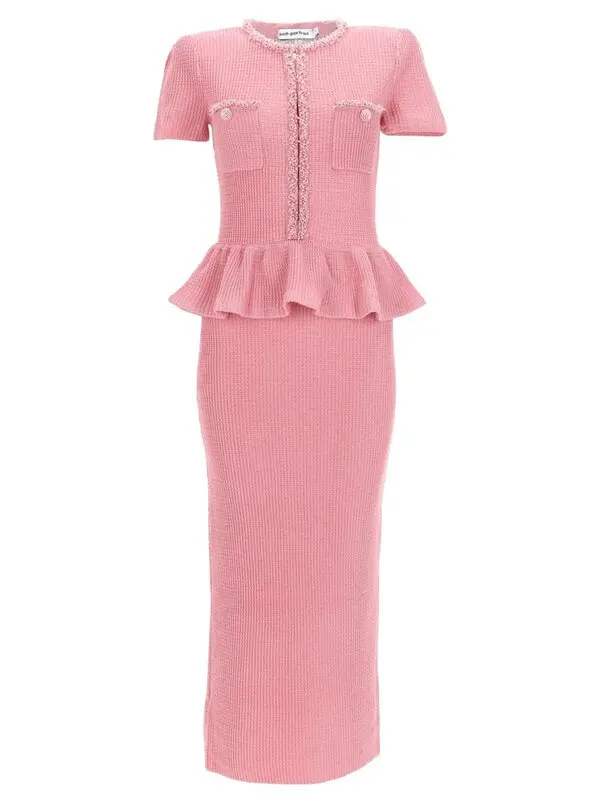SELF-PORTRAIT Midi Dress With Peplum And Beading - Pink