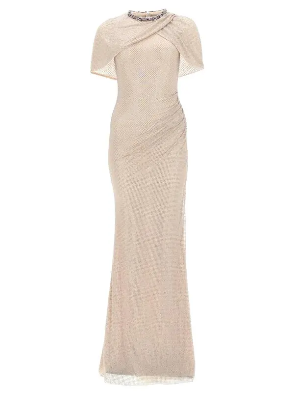 SELF-PORTRAIT Long Dress With Crystals - Beige