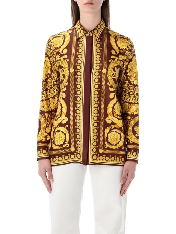 Versace Printed Silk Shirt - Burgundy + Gold