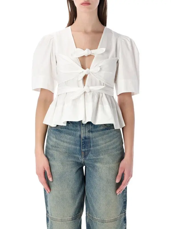 GANNI Washed Cotton Tie-front Blouse - Birght White