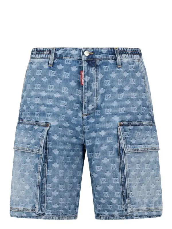 Dsquared2 Printed Denim Cargo Shorts - Navy Blue