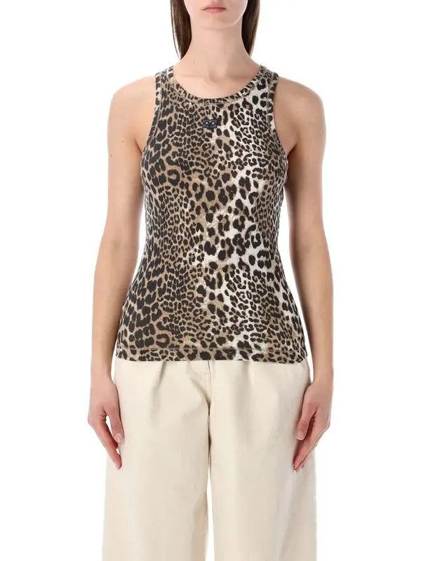GANNI Leopard Rib Tank Top - Brown