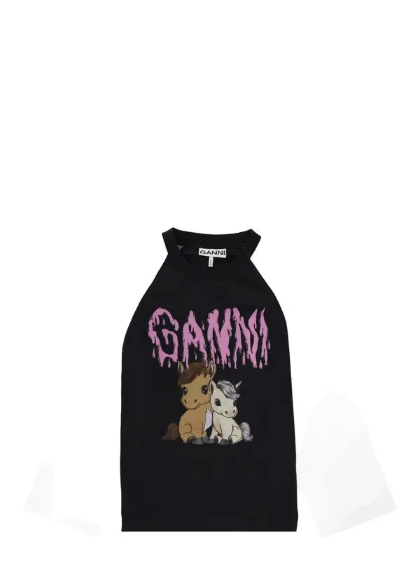 GANNI T-shirt With Print And Logo - Black