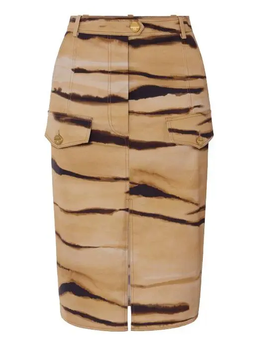 Elisabetta Franchi Drill Tiger Print Skirt - Camel